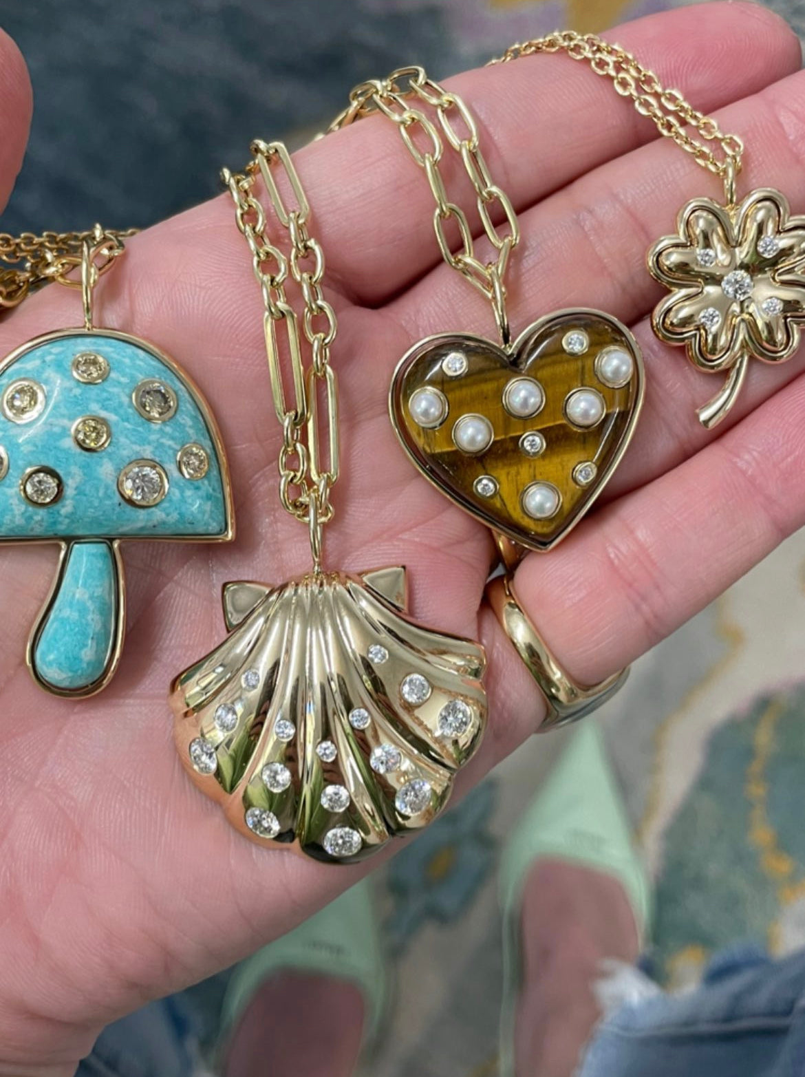 Medium Puff Heart Pendant with Tiger's Eye and Diamonds & Pearls ...