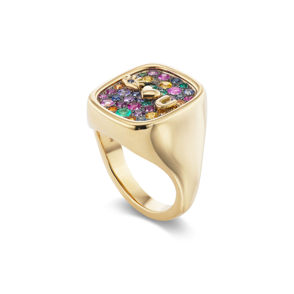 Mini Eye Heart U Signet with Rainbow Pave & Rhodium – Brent Neale