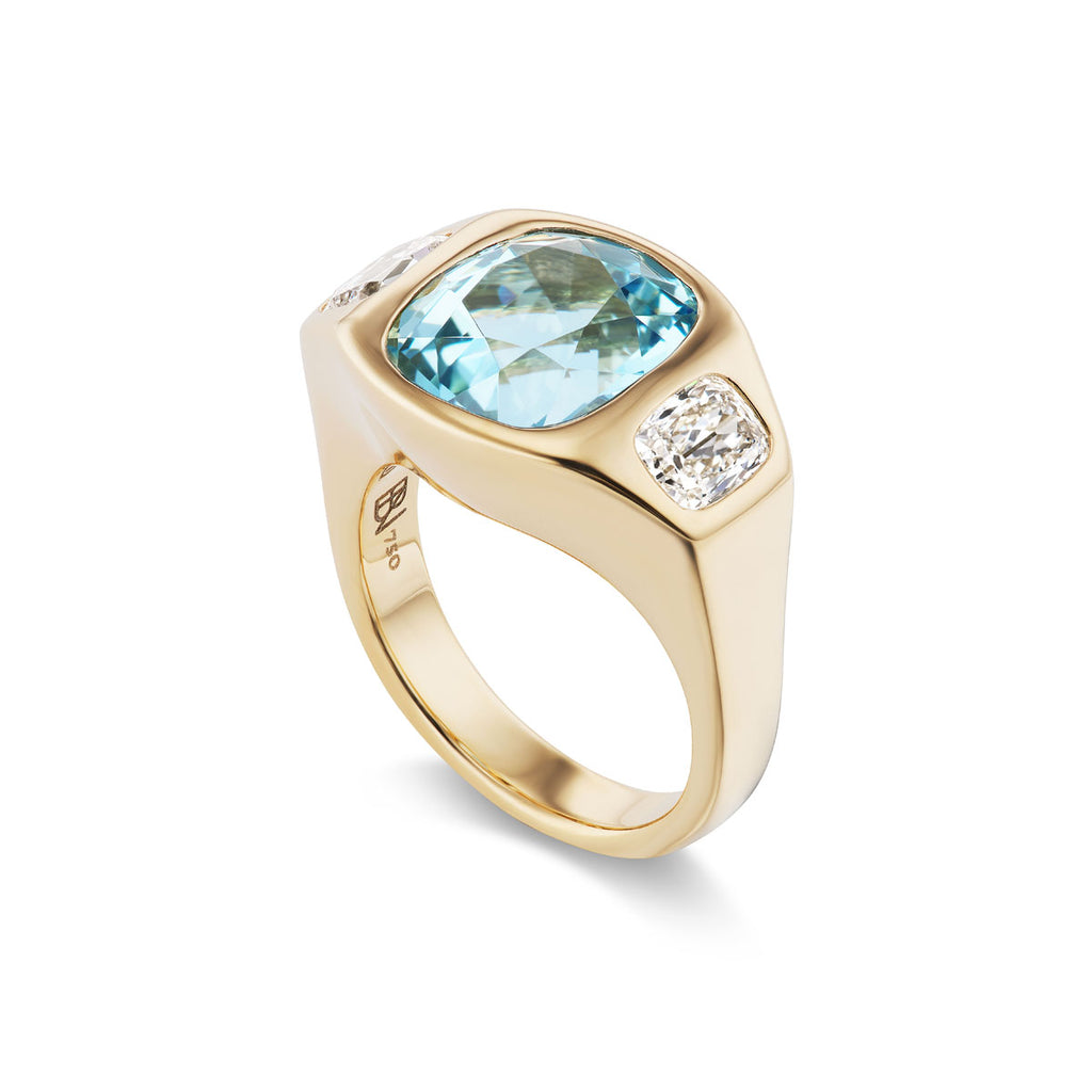 One-of-a-Kind BNS Ring with Aquamarine Cushion and Cushion Diamond Sid ...